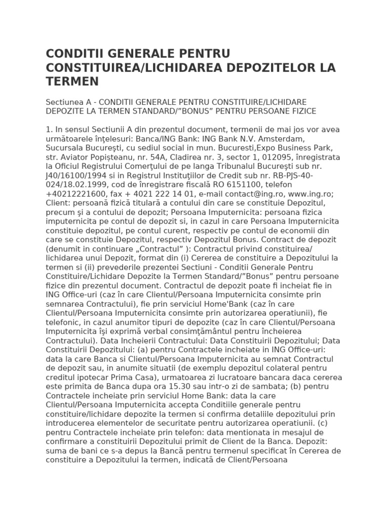 CONDITII GENERALE - Depozit Termen - ING | PDF
