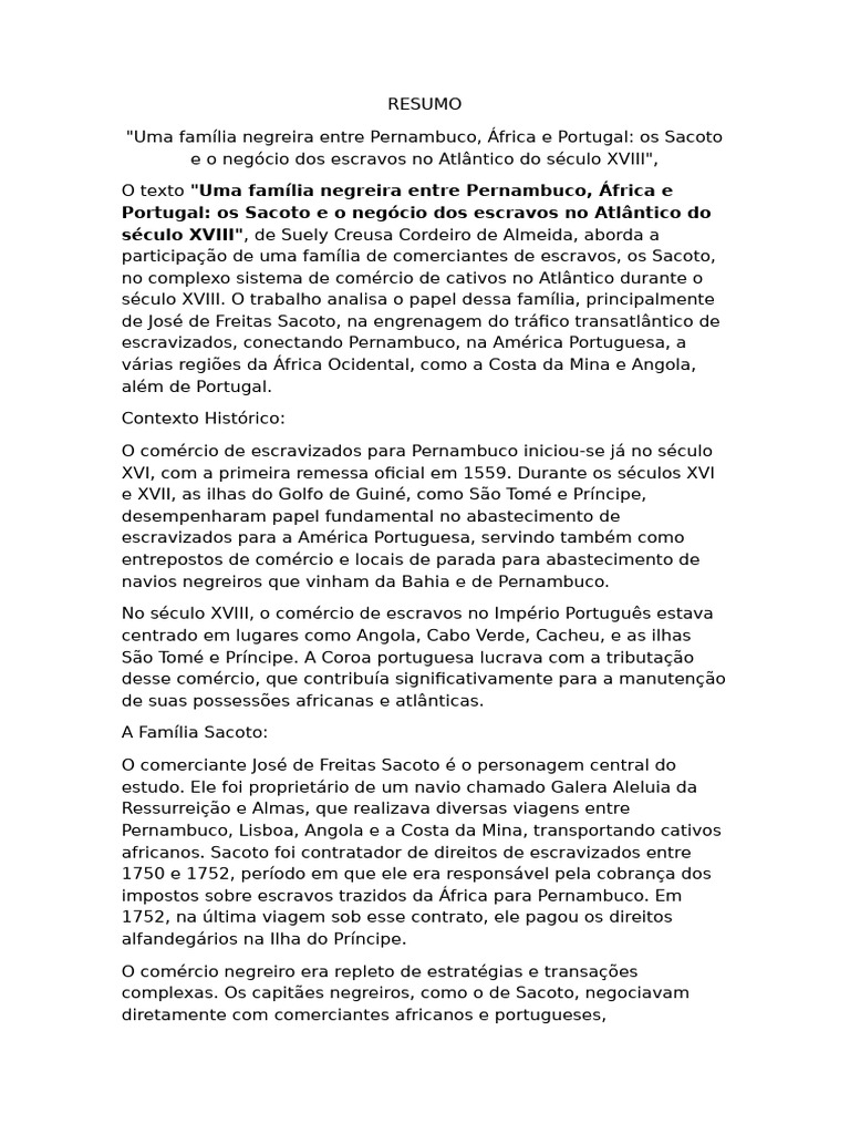 RESUMO - Uma Família Negreira Entre Pernambuco, África e Portugal | PDF