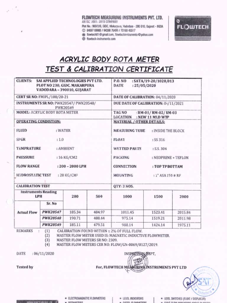 Test & Calibration Certificate - Rota Meter - Valsad NP | PDF