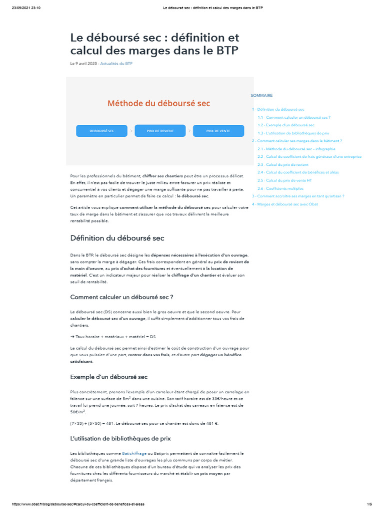 Le Déboursé Sec - Définition Et Calcul Des Marges Dans Le BTP | PDF