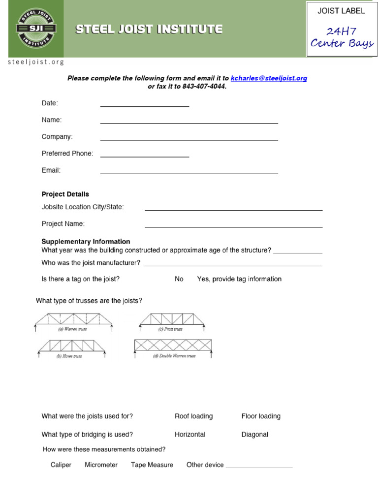 Dimensioned SJI Field Form | PDF | Truss | Home & Garden