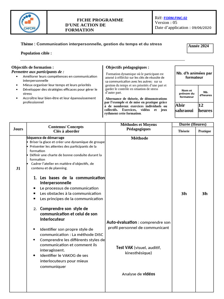 Fiche Programme Communication Interpersonnelle, Gestion Du Temps Et Du Stress | PDF