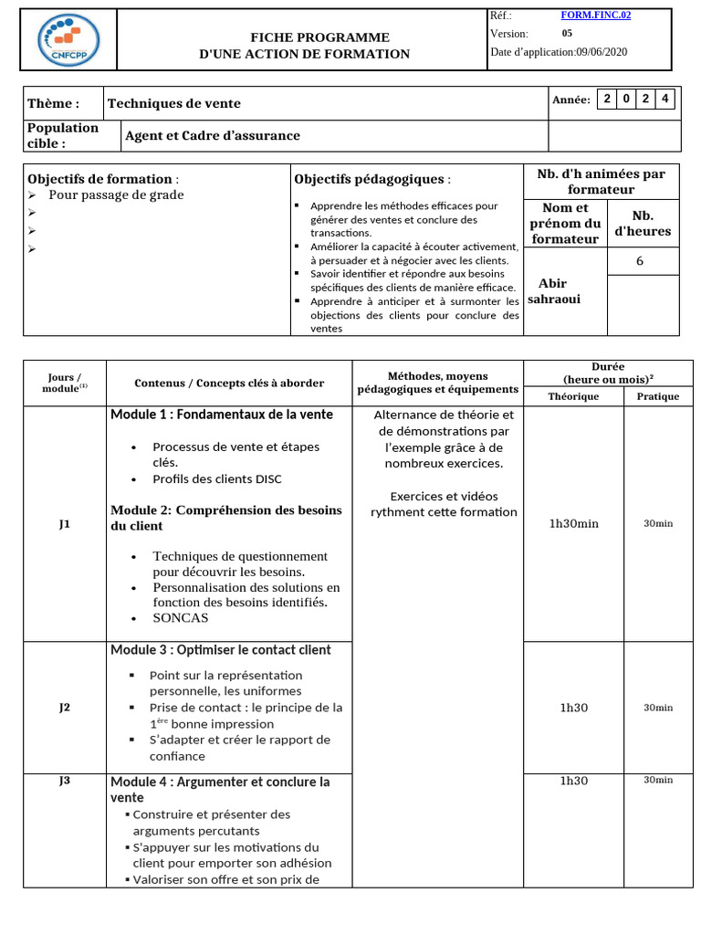 Fiche de Programme Techniques de Vente | PDF