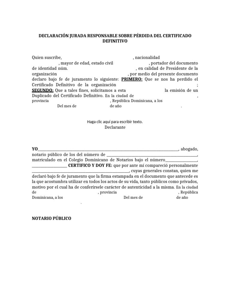 Modelo Declaración Jurada Responsable Pérdida Certificado Definitivo 2 | PDF