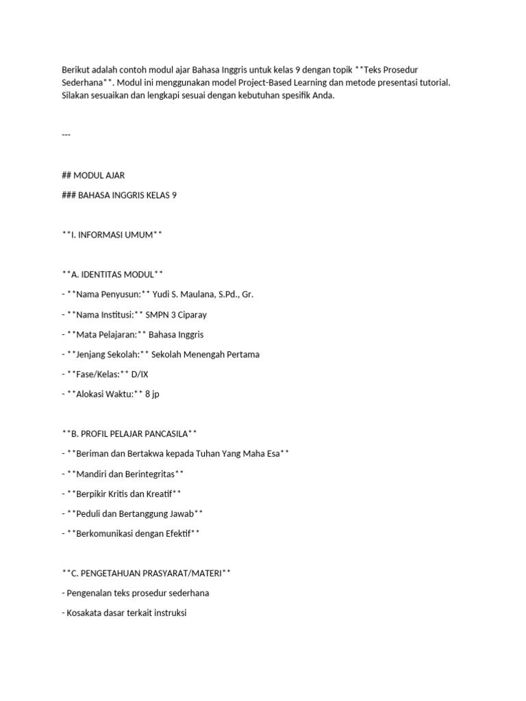 Modul Ajar Teks Prosedur Kls 9 | PDF