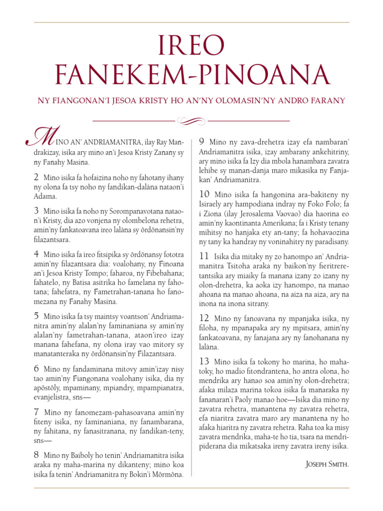 Ireo Fanekem-Pinoana: Ny Fiangonan'I Jesoa Kristy Ho An'Ny Olomasin'Ny ...