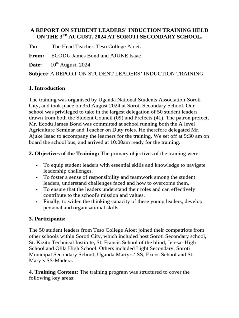 Student Leaders' Induction Training Report | PDF | Leadership ...