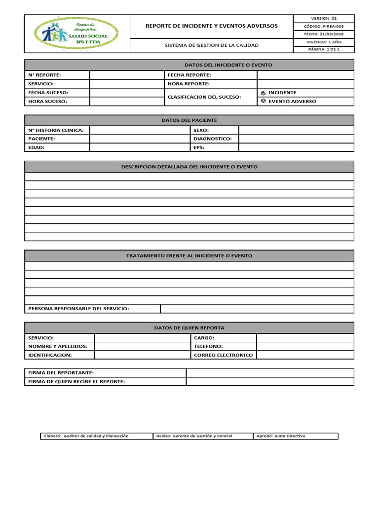 FORMATO REPORTE DE INCIDENTES O EVENTOS ADVERSOS | PDF