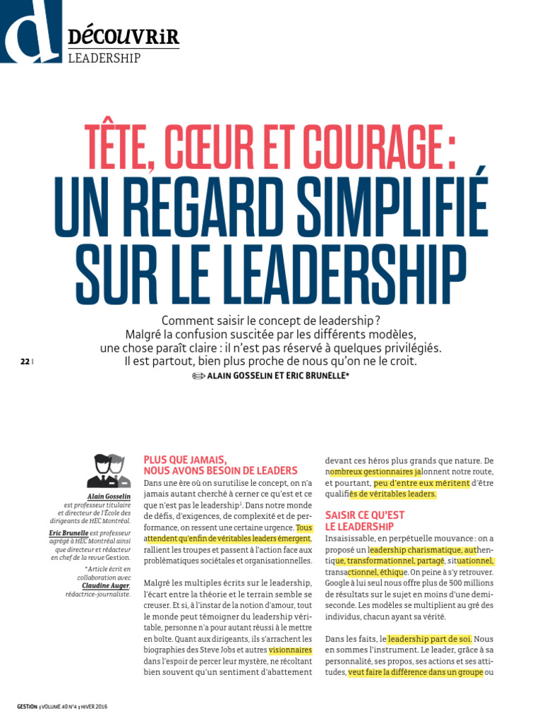 Tete Coeur Et Courage Un Regard Simplifie Sur Le Leadership | PDF