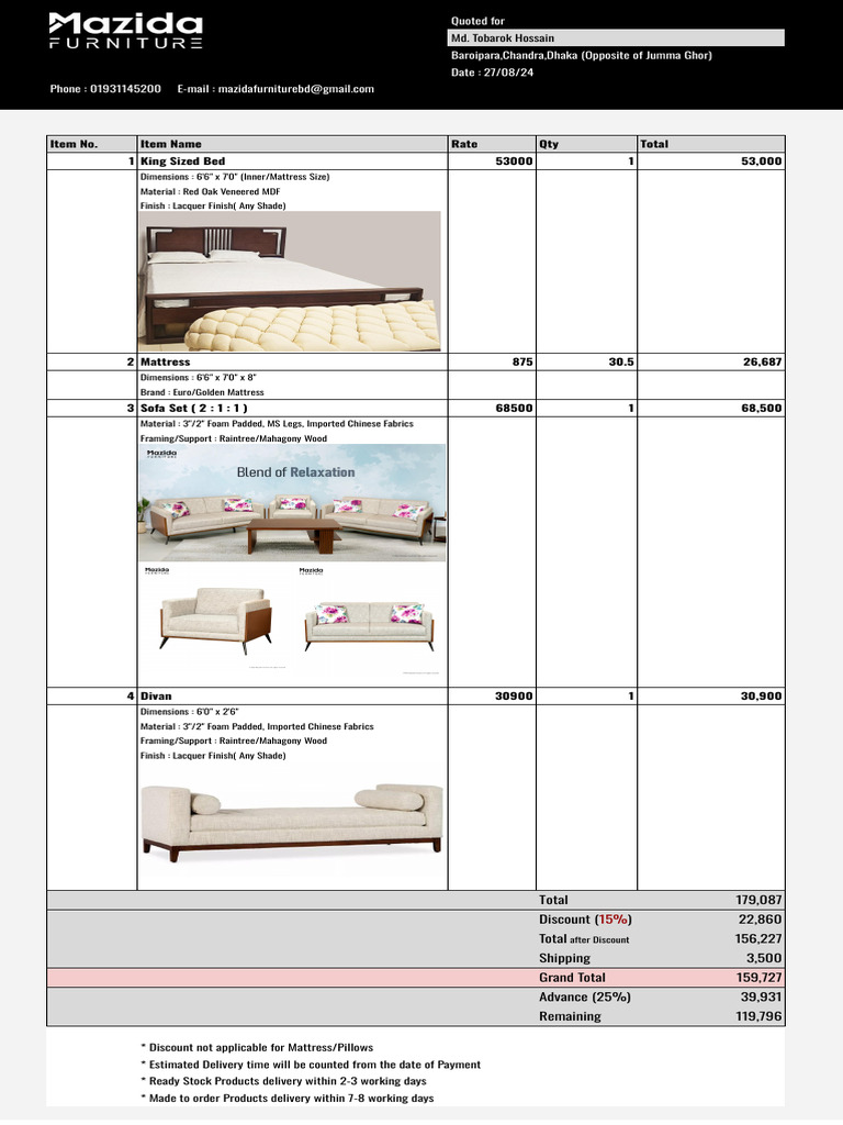 Baroipara Resthouse Furniture Quotation | PDF
