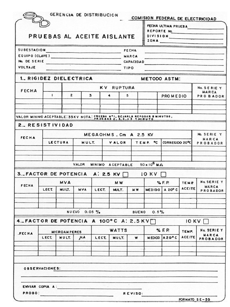 FORMATO SE-55 Pruebas al aceite aislante Interruptores y Transformadores de Potencia | PDF