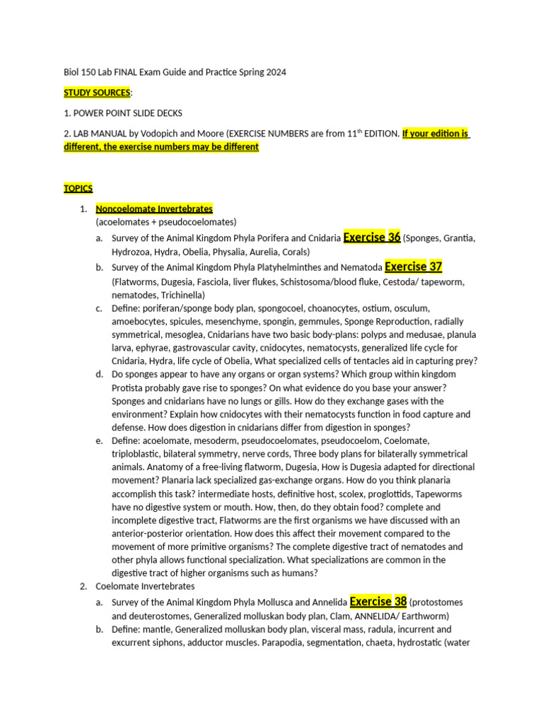Biol 150 Lab FINAL Exam Guide and Practice Spring 2024q | PDF