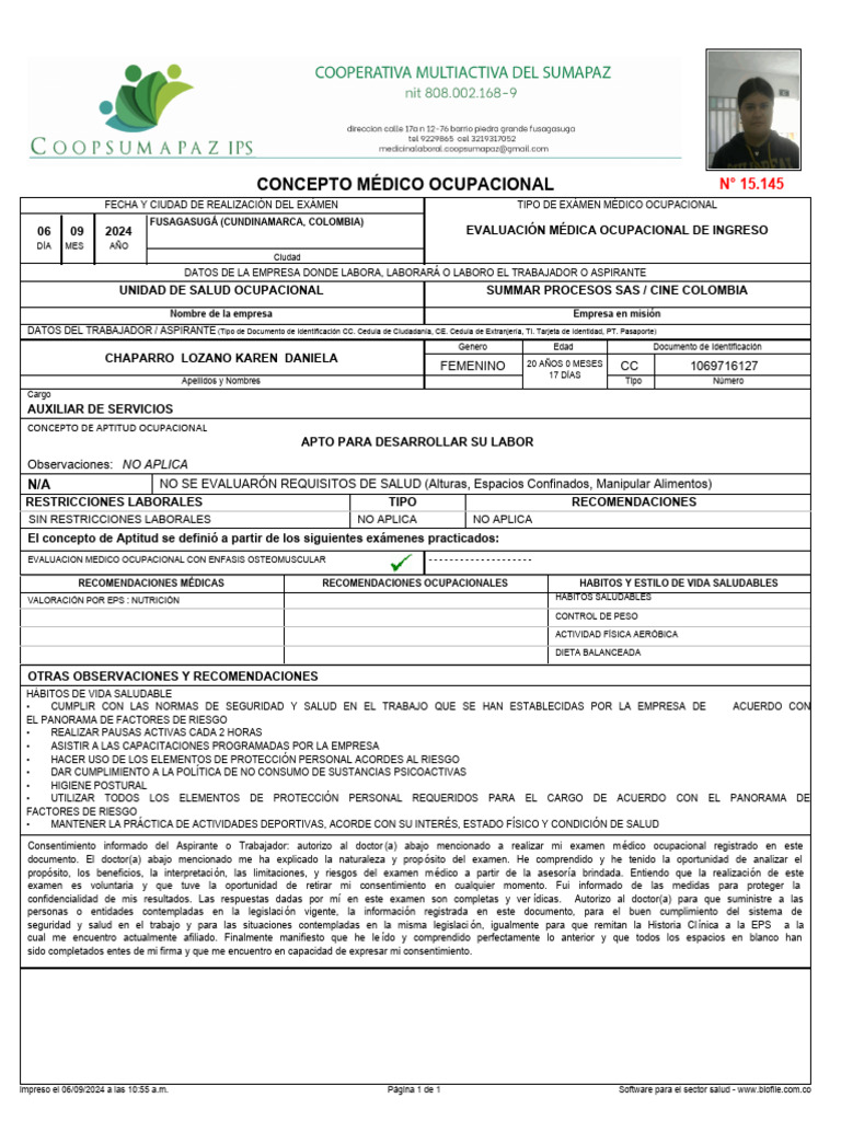 Concepto Médico Ocupacional: No Aplica | PDF