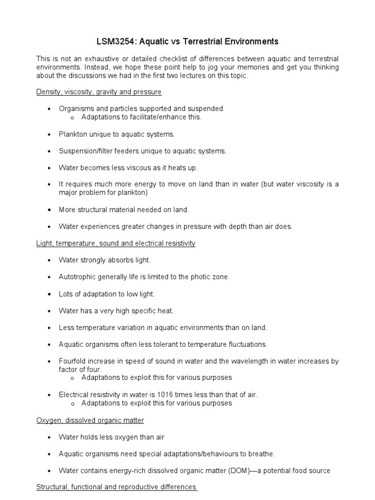LSM3254 - Aquatic Vs Terrestrial Environments | PDF | Aquatic Ecosystem ...