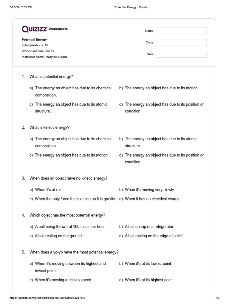 Potential Energy - Quizizz | PDF