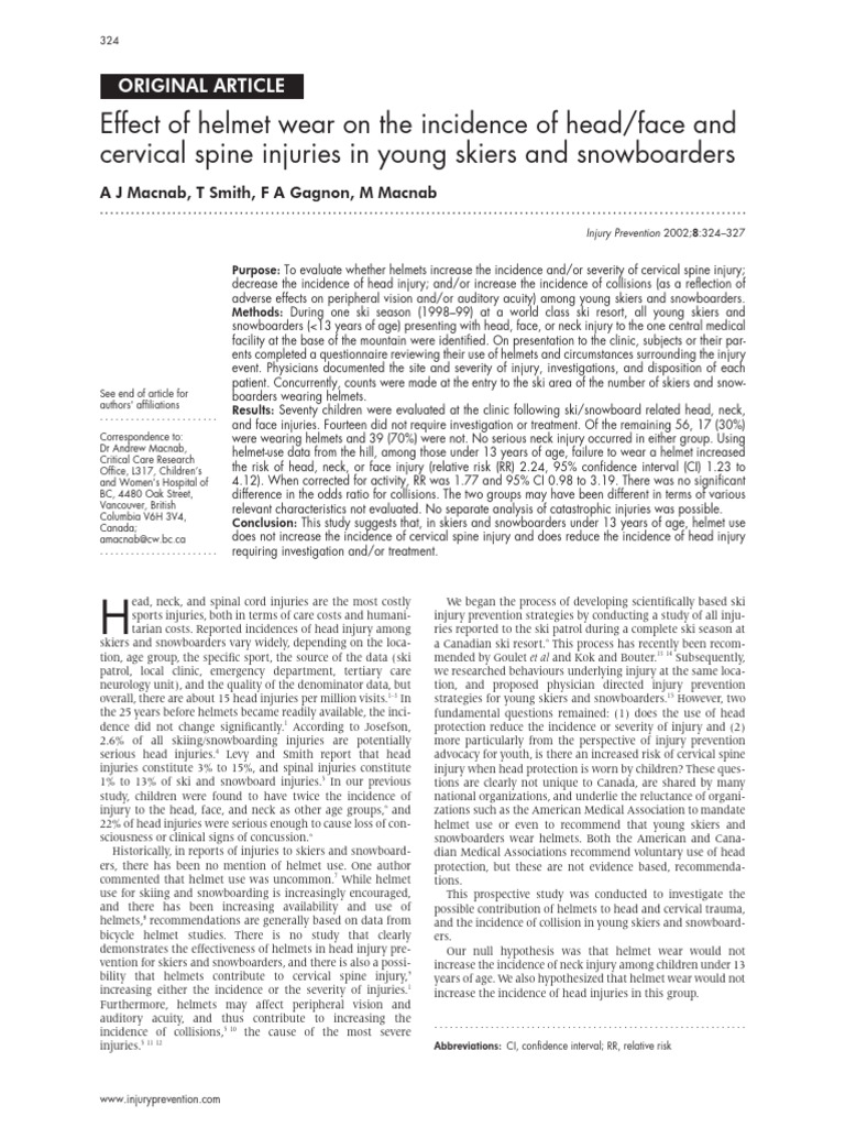 Effect of Helmet Wear On The Incidence of Head/face and Cervical Spine ...
