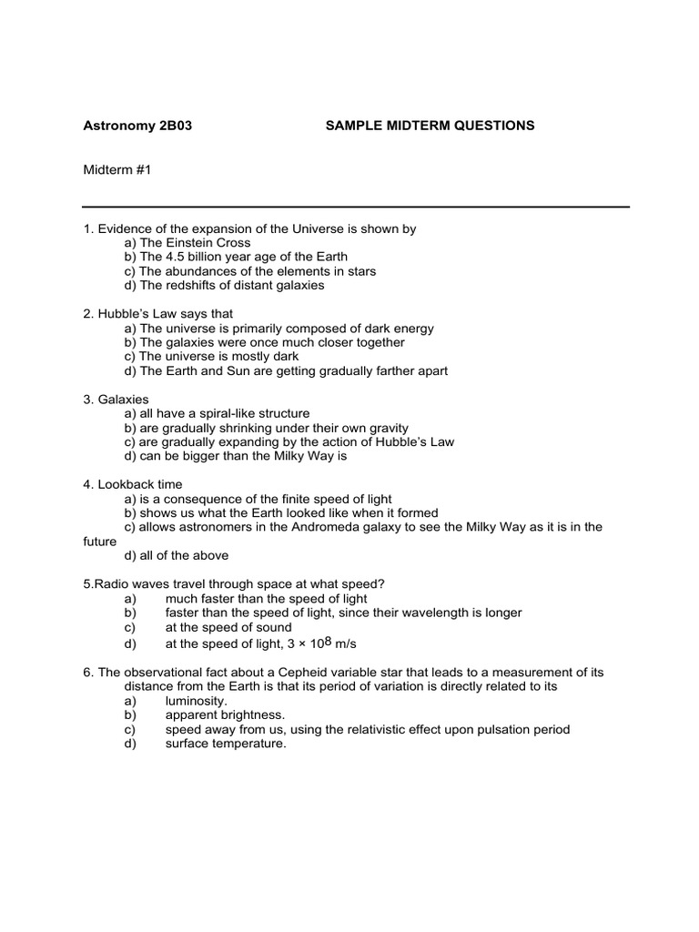 Astron 2B03 Sample Midterm Questions | PDF