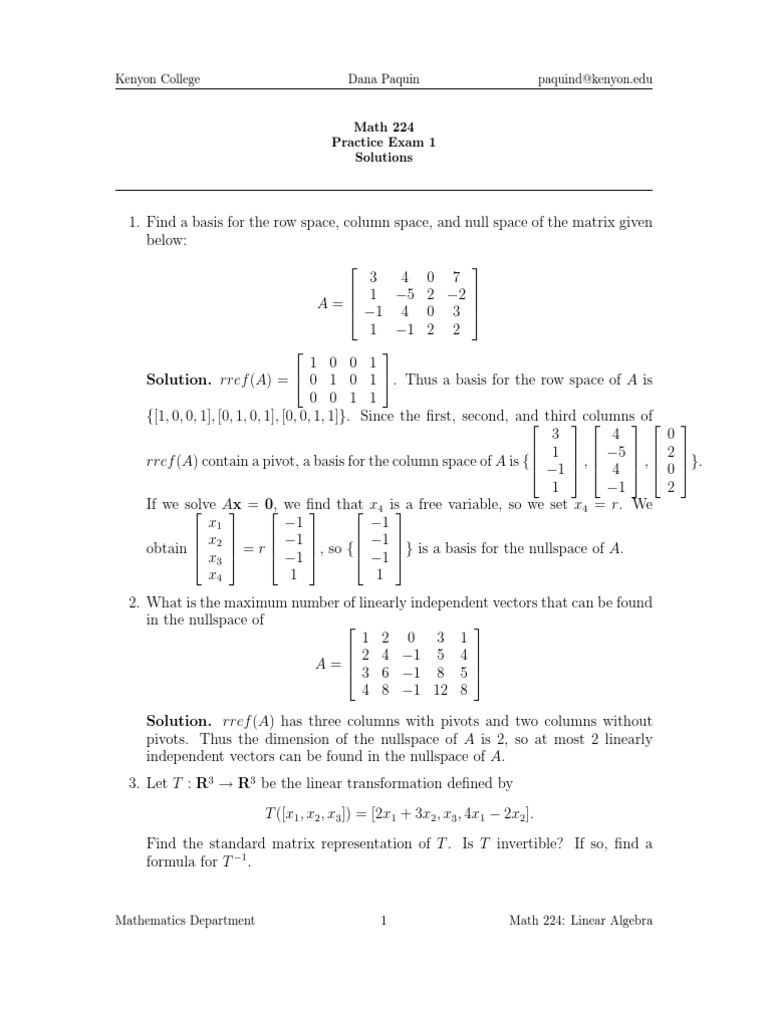 Practice For Null Space | PDF | Linear Map | Linear Subspace