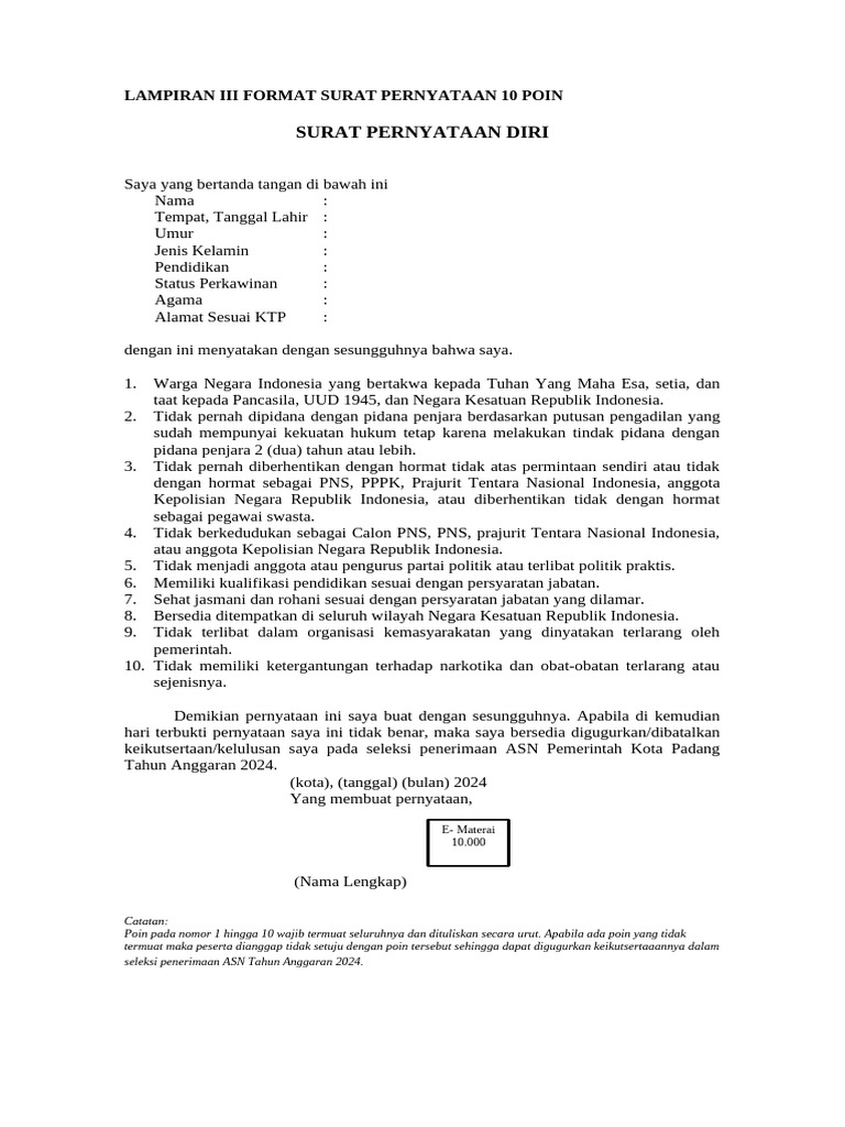 Lampiran III Format Surat Pernyataan 10 Poin | PDF