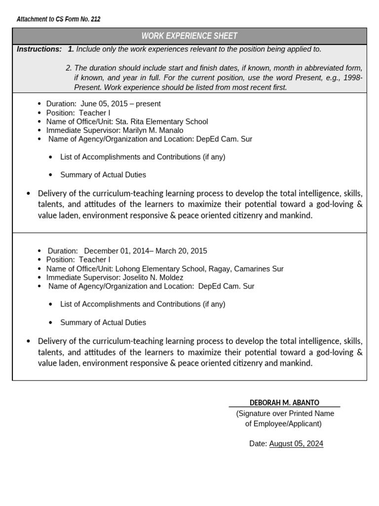 CS Form No. 212 Attachment Work Experience Sheet Deb | PDF
