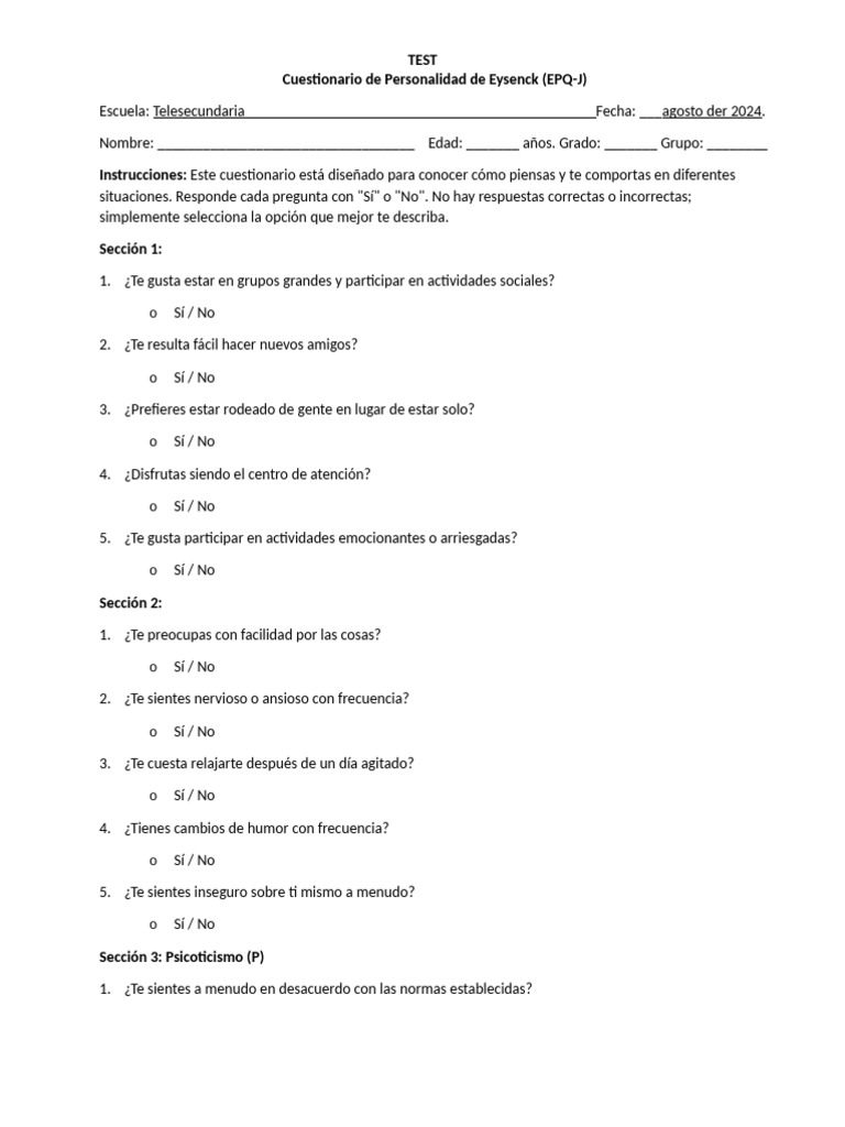 TEST Cuestionario de Personalidad de Eysenck (EPQ-J) | PDF | Las ...