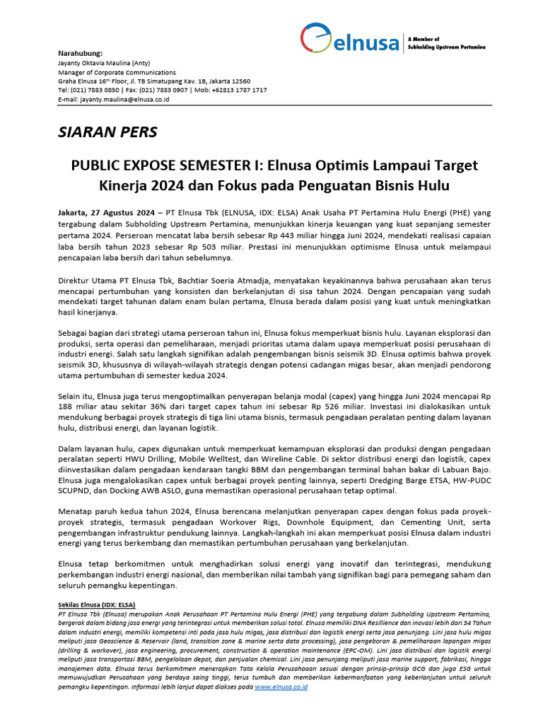 Siaran Pers - Elnusa Optimis Lampaui Target Kinerja 2024 Dan Fokus Pada Penguatan Bisnis Hulu | PDF