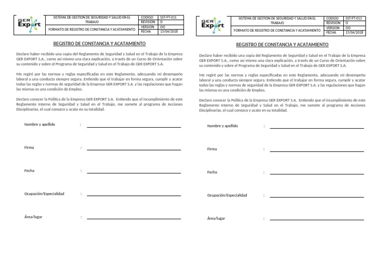 SST-FT-011 Constancia y Acatamiento Personal | PDF
