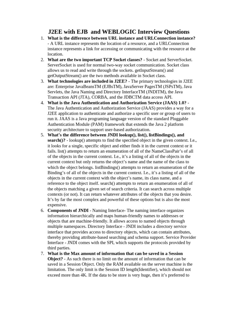 J2EE With EJB and WEBLOGIC Interview Questions | PDF