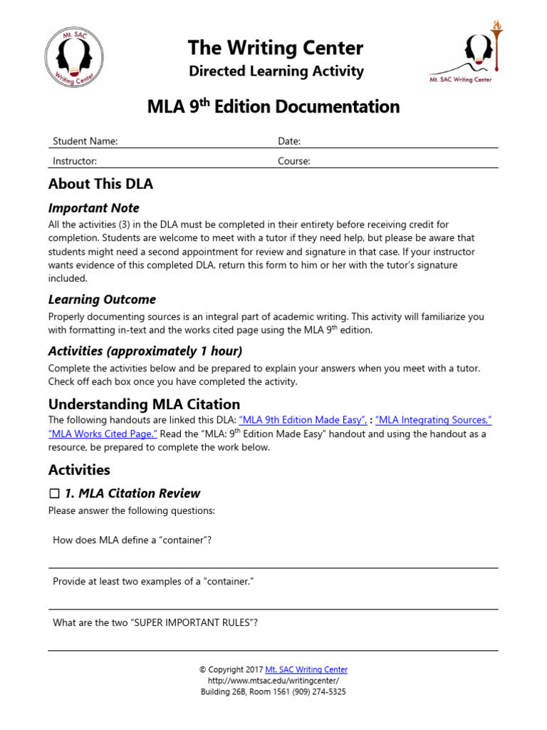 Mla 9th Edition With Handouts Oct2023 | PDF