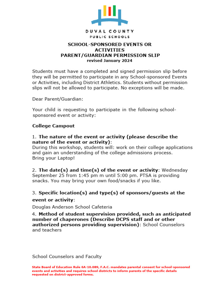 College Campout Permission Slip-DCPS Sponsored Events or Activities - Revised January 2024 | PDF
