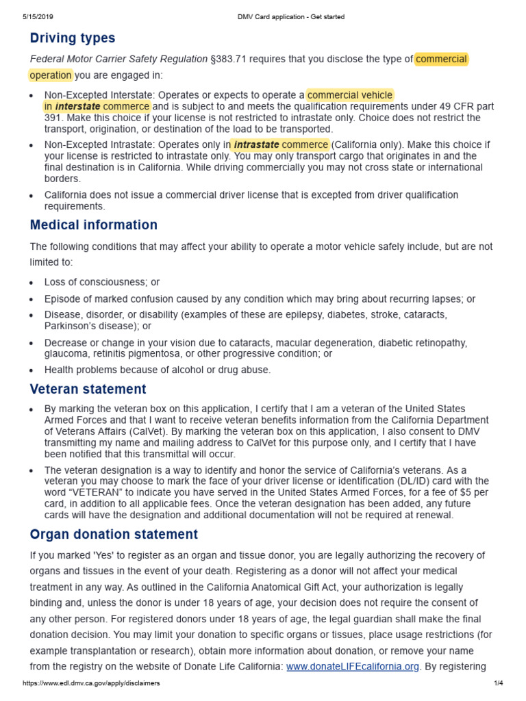 DMV Card application - Get started (highlighted) | PDF