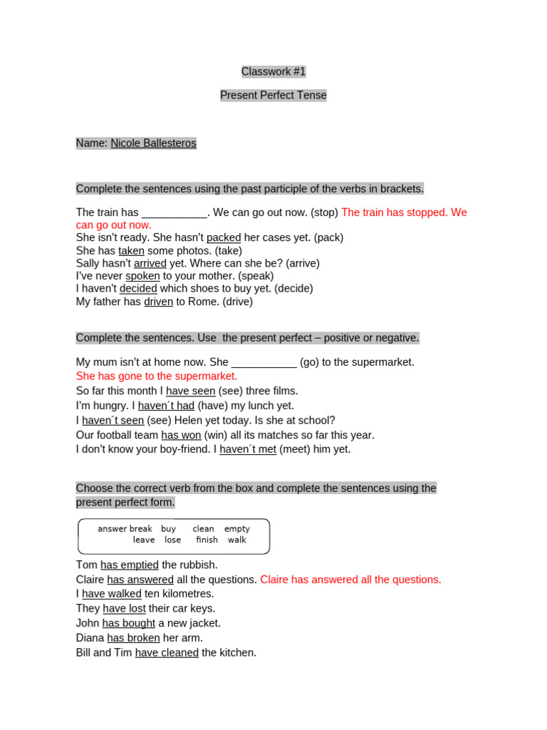 Present Perfect (Classwork #1) | PDF