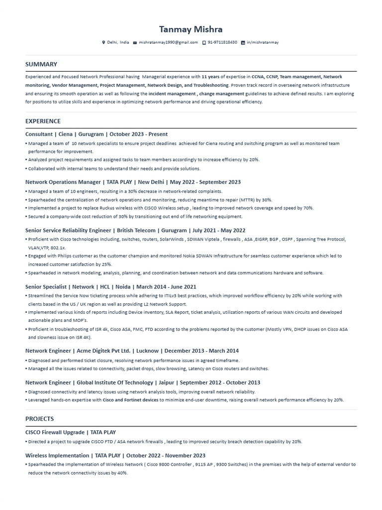 Tanmay Mishra NetworkEngineer NetworkManager Ciena 10YOE | PDF | Computer Network | Computers