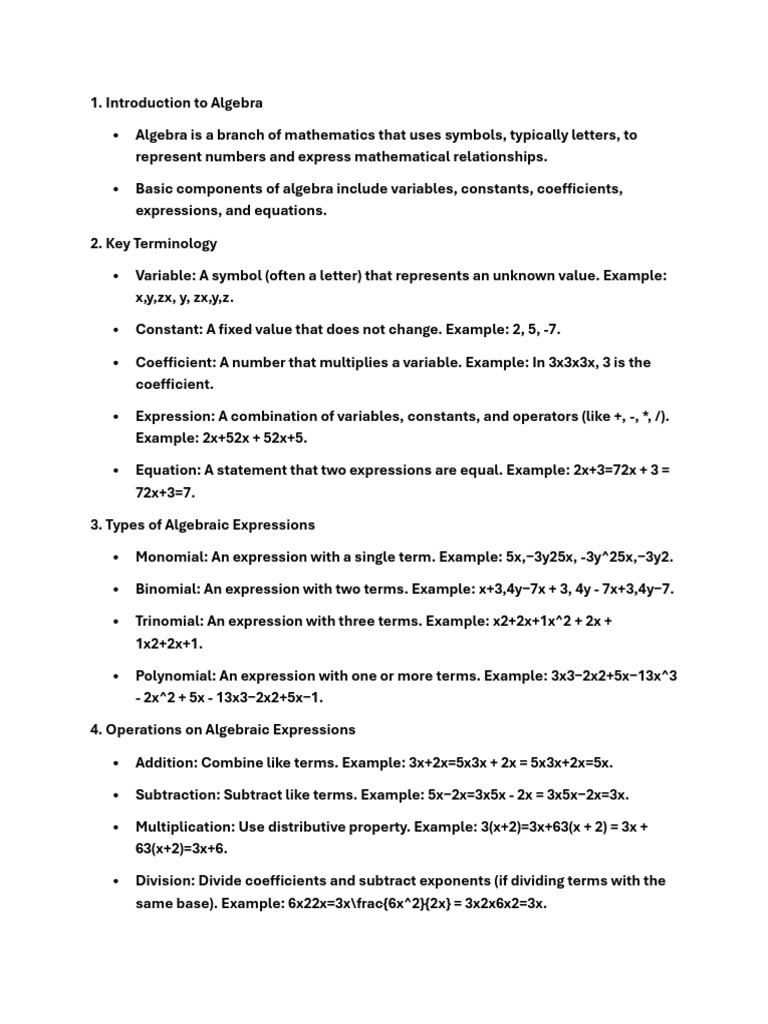 Class Notes - Types of Algebraic Expressions | PDF
