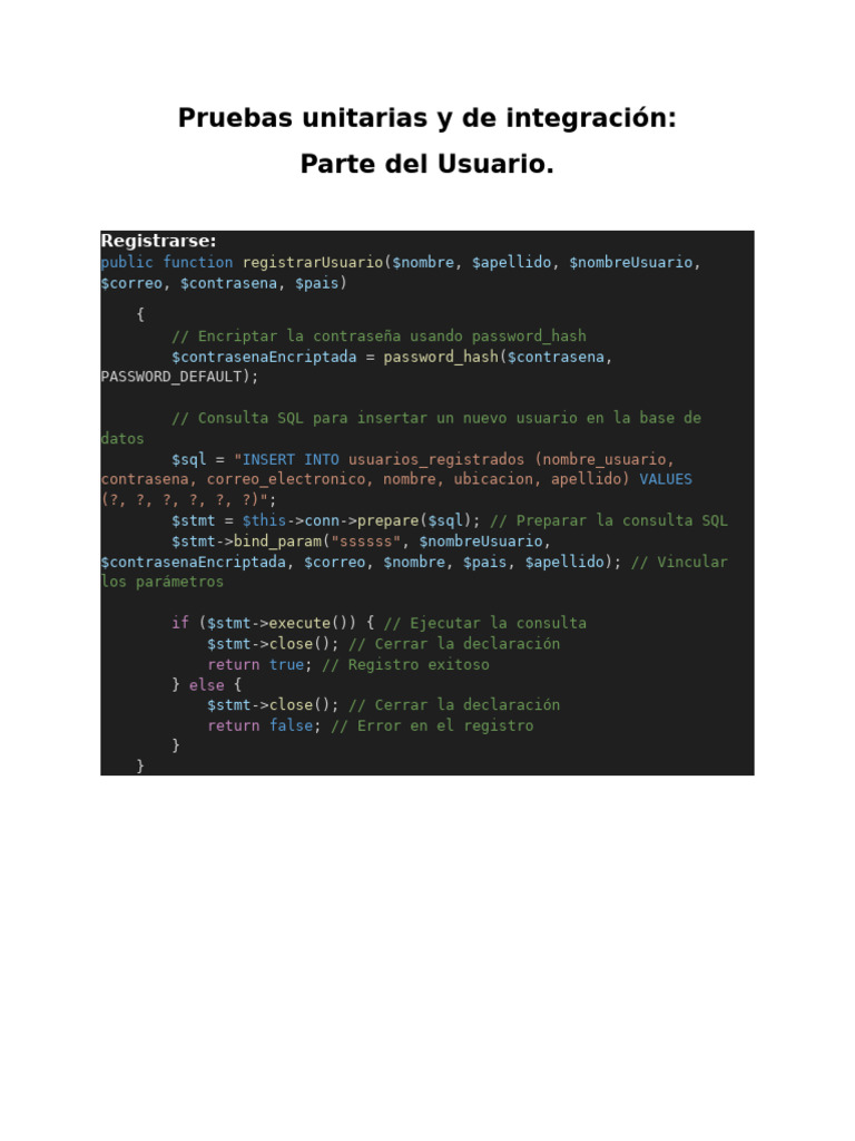 Pruebas unitarias y de integración USER | PDF