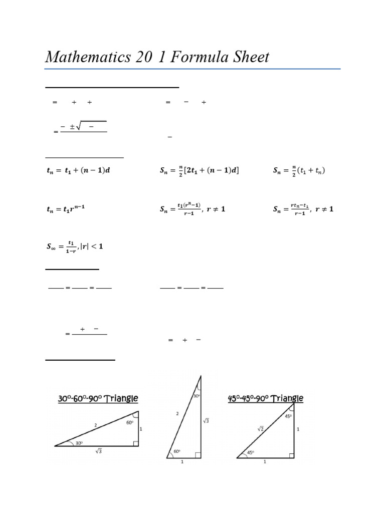 Math 20-1 Formula Sheet | PDF