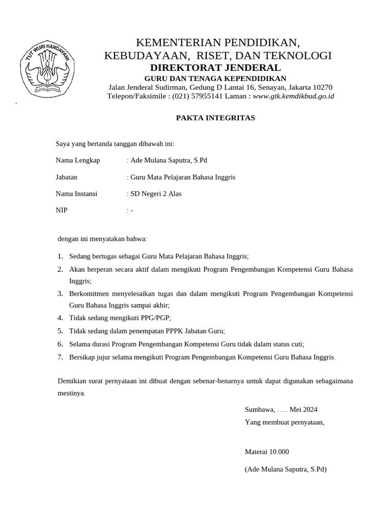 Contoh Pakta Integritas | PDF