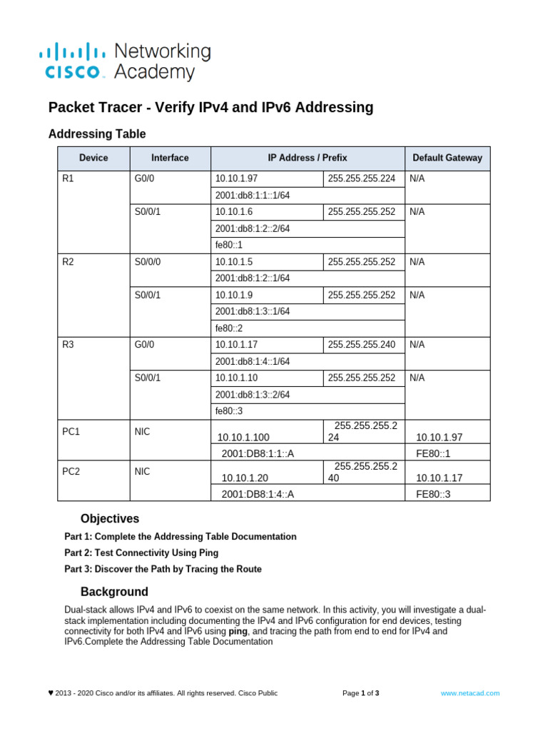 7.2.8 Packet Tracer - Verify IPv4 and IPv6 Addressing | PDF