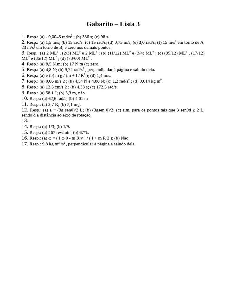 Lista4 - Gabarito Fisica 1 | PDF