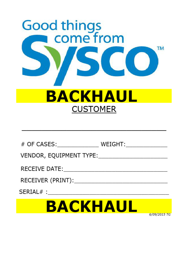 Sysco Backhaul Form | PDF