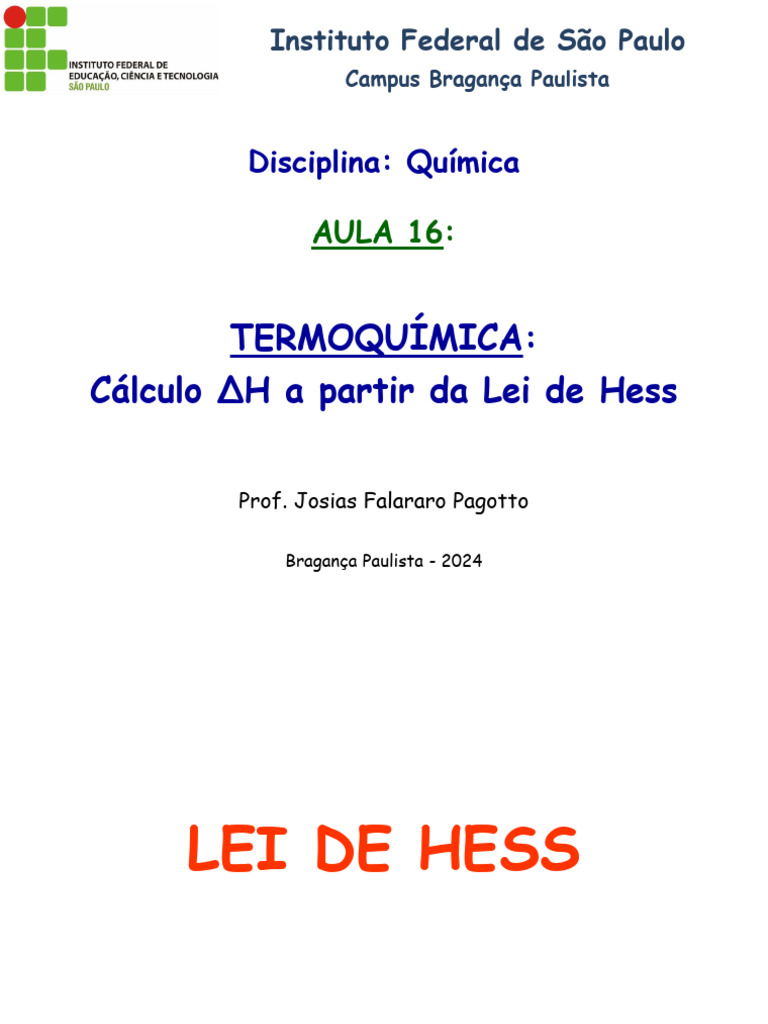 Aula 16 - Termoquímica - Lei de Hess e Combustão | PDF