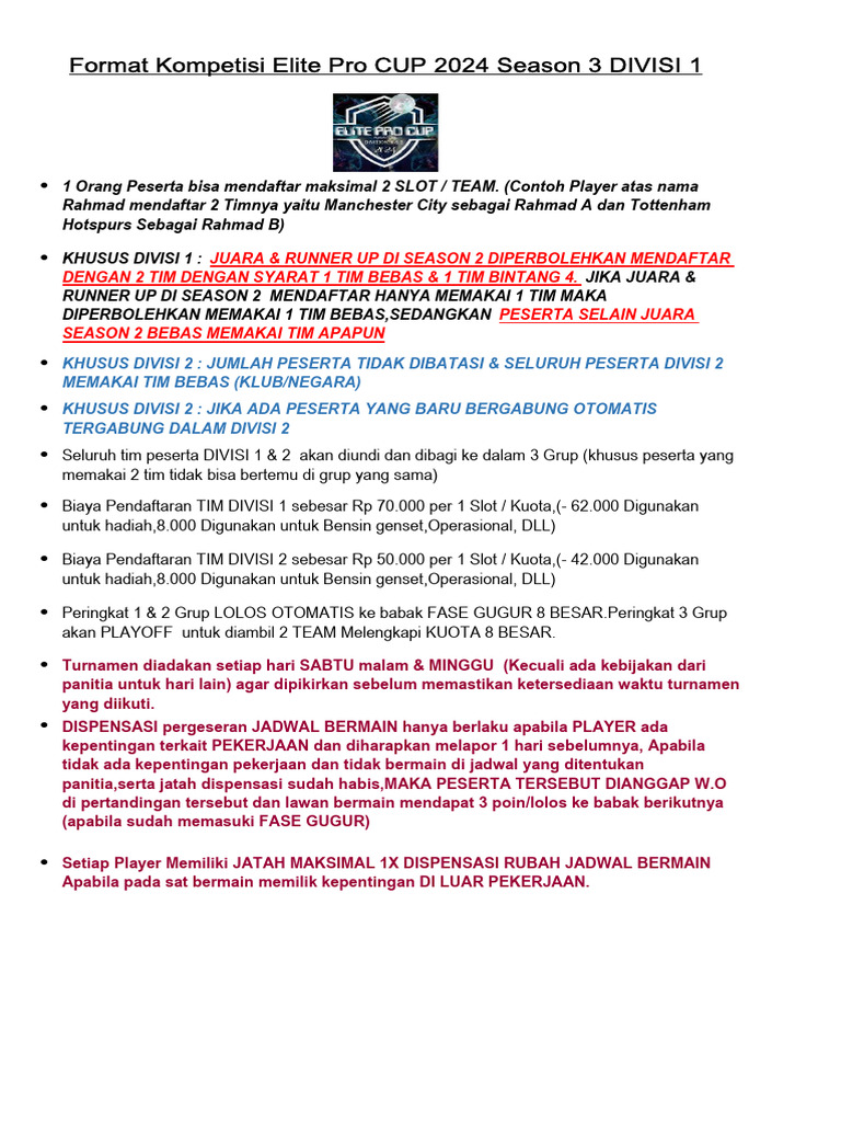 Aturan Main Elite Pro Cup Season 3 | PDF