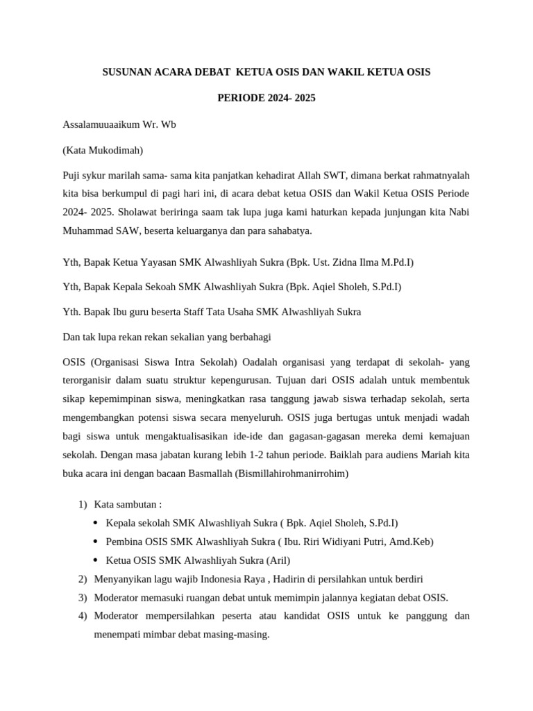 Susunan Acara Debat Ketua Osis Dan Wakil Ketua Osis | PDF