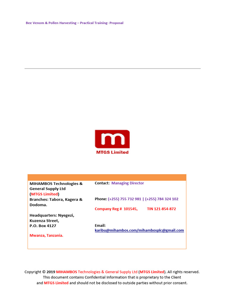 Bee Venom & Pollen Harvesting -Training-Proposal-MTGS Limited | PDF