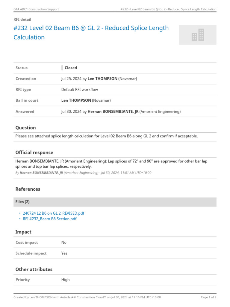 RFI #232 - Level 02 Beam B6 @ GL 2 - Reduced Splice Length Calculation ...