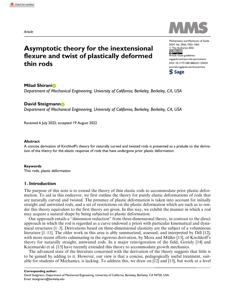 2024, Steigmann, Asymptotic Theory For The Inextensional Flexure and ...