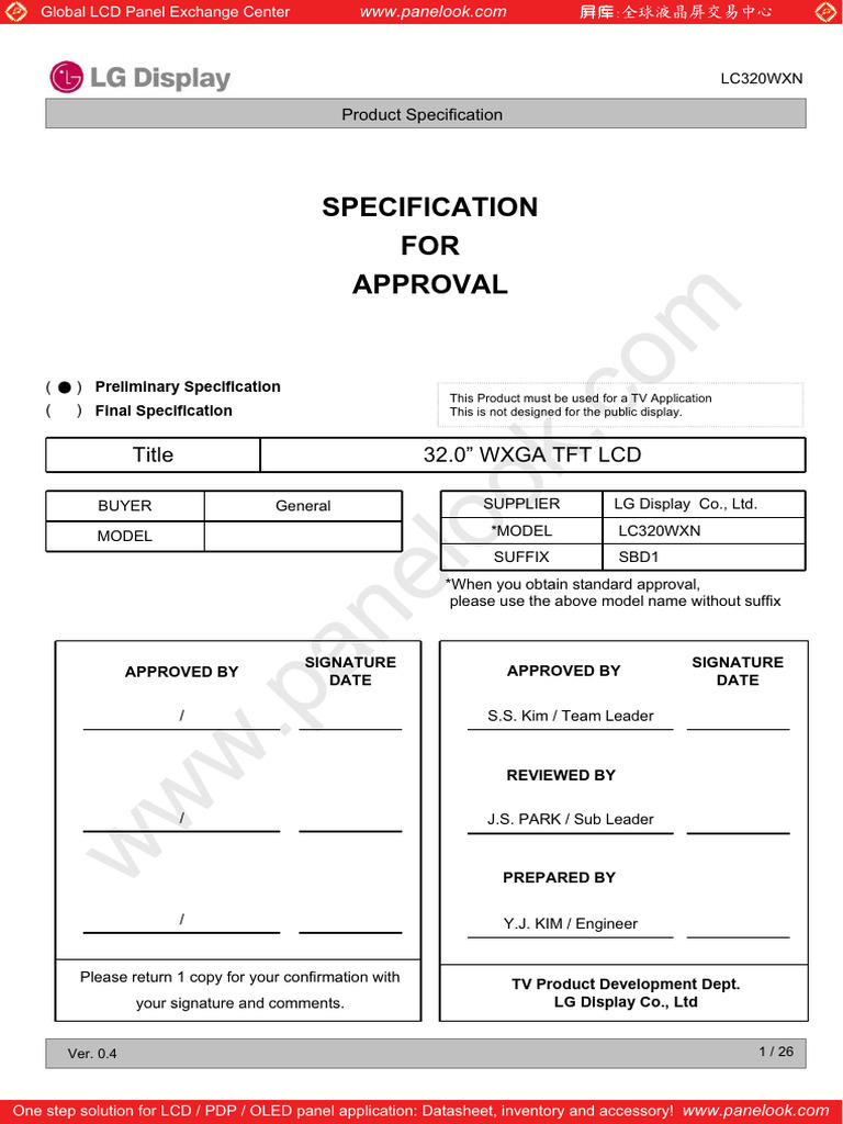 Panel LG Display LC320WXN-SBD1 0 (DS) | PDF | Backlight | Liquid Crystal Display