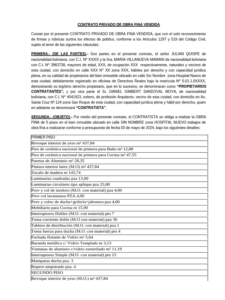 Borrador Contrato Obra Fina | PDF