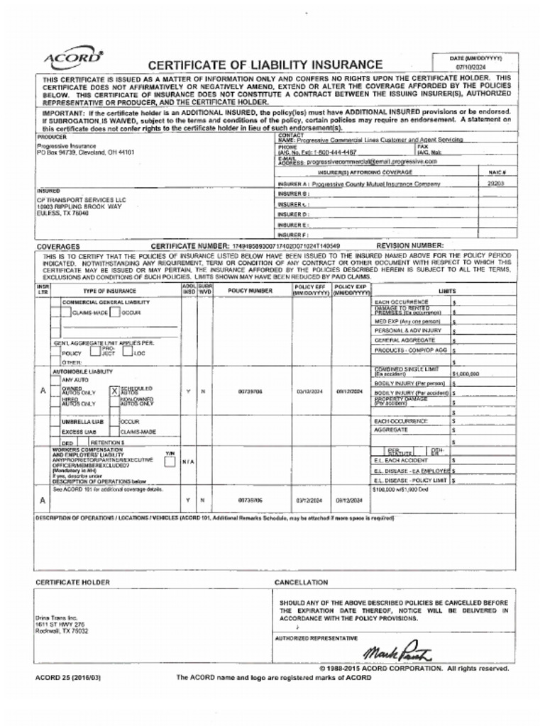Certificate of Liability Insurance | PDF