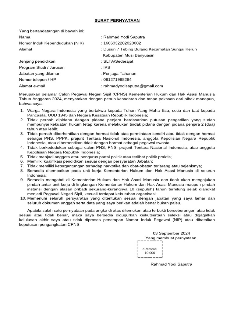 surat_pernyataan_CPNS_2024 RYS | PDF